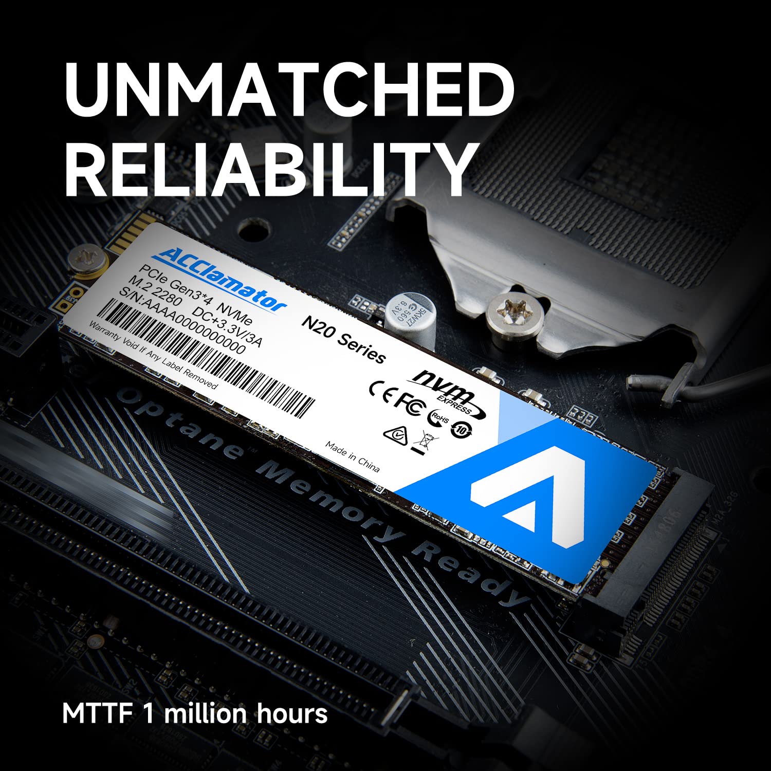 Acclamator NVMe 1TB Read 2500MB/s PCle 3.0x4, M.2 2280, Internal Solid State Drive, Storage for PC, Laptops, Gaming and More, N20