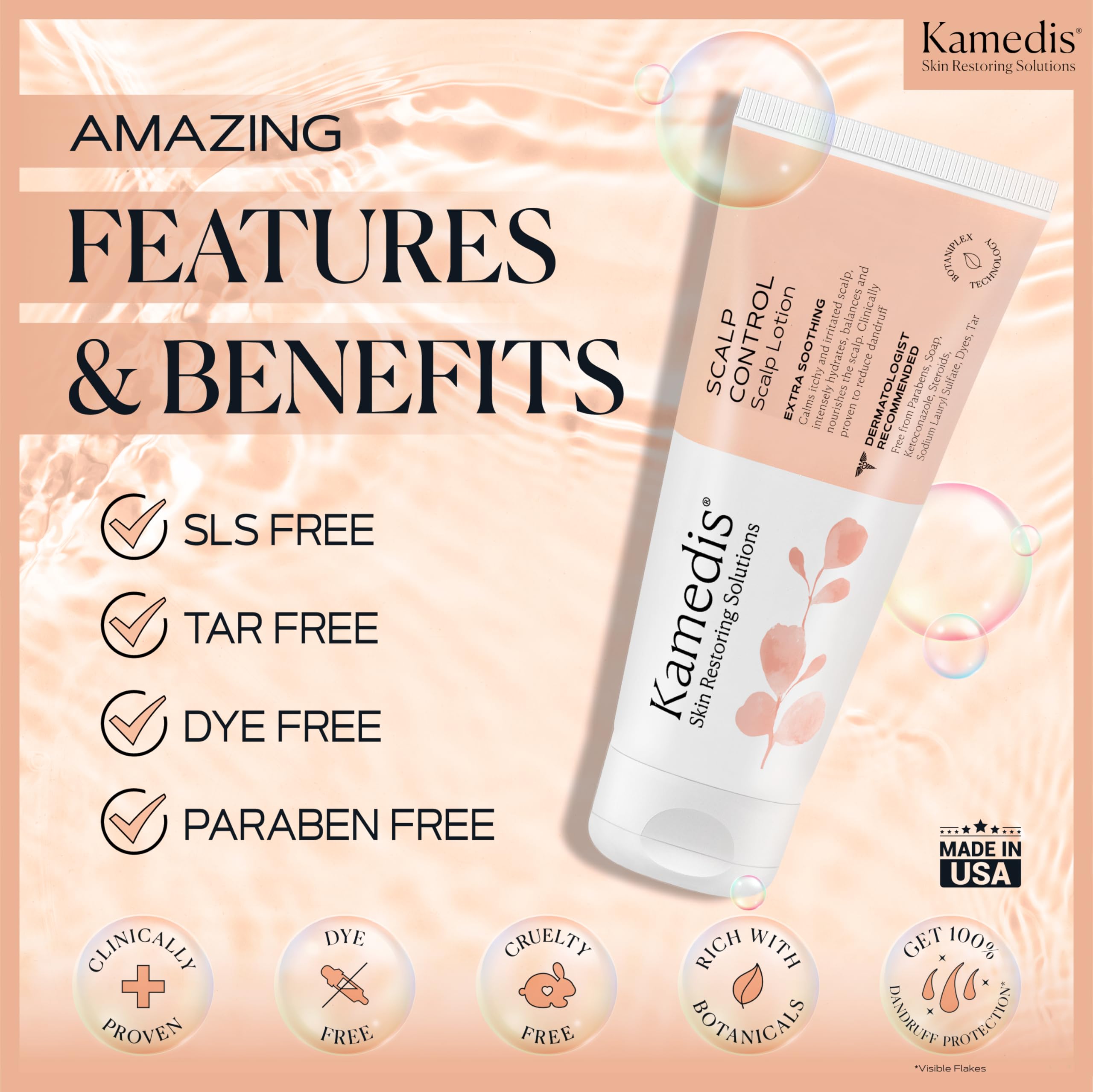 KAMEDIS Moisturizer Scalp Leave-On Botanical Lotion. For Dandruff, Dry, Itchy, Flaky, Seborrheic Dermatitis, Psoriasis and Sensitive Scalp Skin. Over-Night Head Mask, Parabens Free. 3.38 Fl Oz.