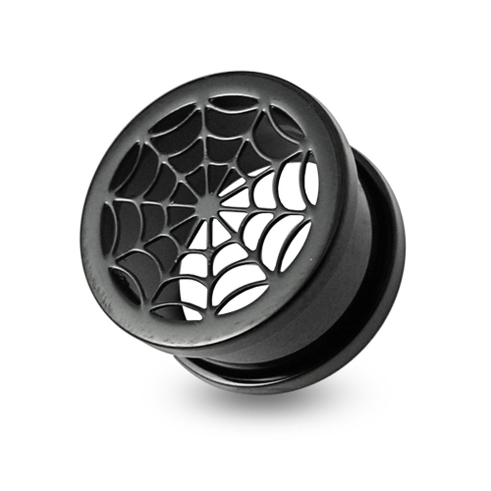 9/16 Inch - 14MM Cut out Spider's web Black Anodized 316L Surgical Steel Flesh Tunnel - Sold by Piece