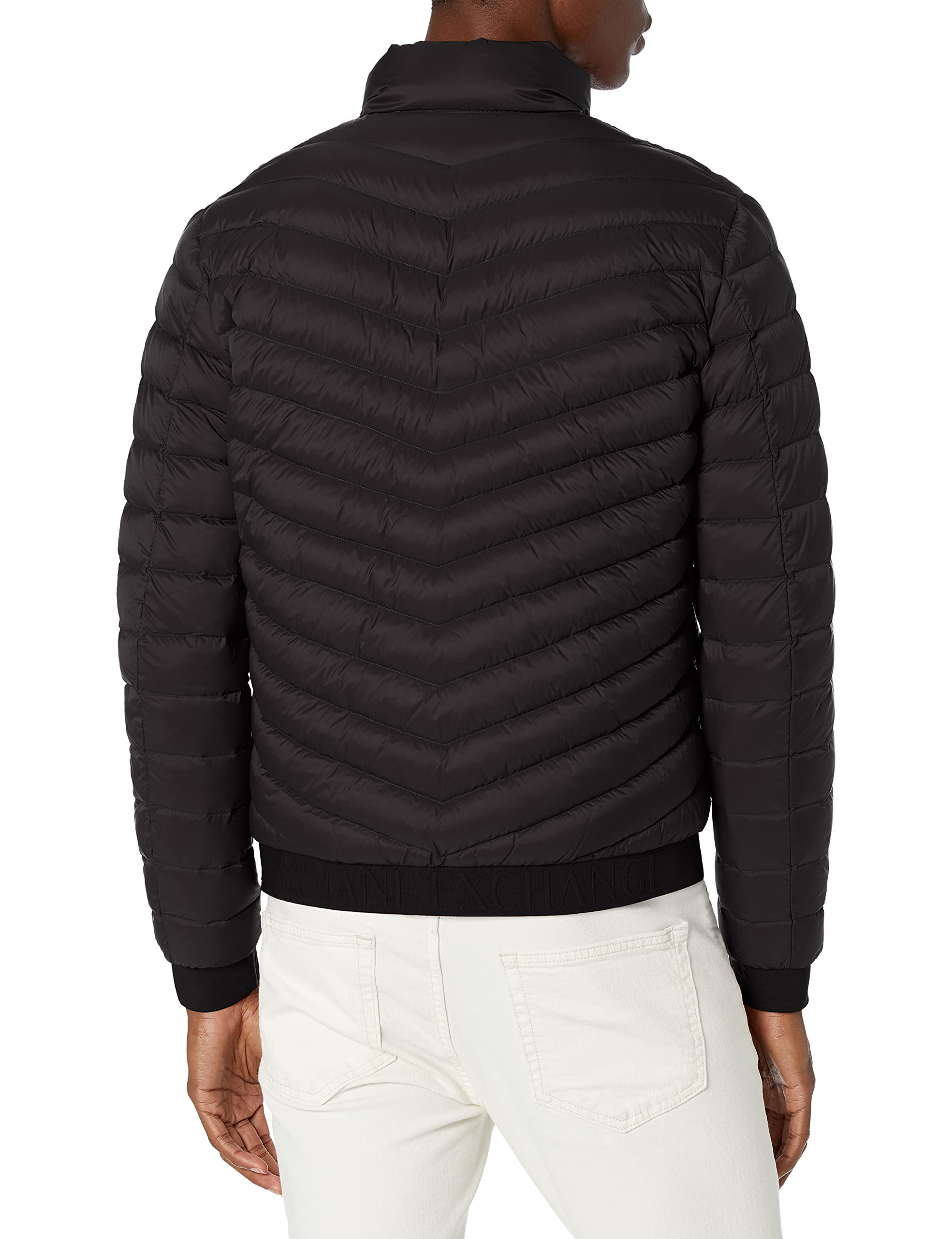 A | X ARMANI EXCHANGE Men's Quilted Down Milano/New York Logo Zip-up Jacket, BLACK/MELANGE GREY B, Medium