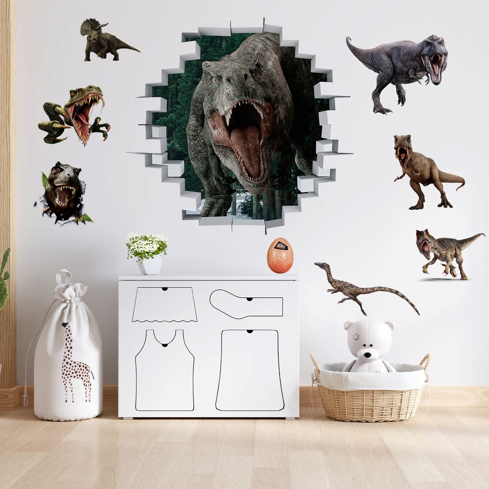 9Pcs Peel Stick Dinosaur Wall Decals,3D Dinosaur breaked Wall Stickers Removable Vinyl Large Dino Stickers for Kids Boys Room (Gold)