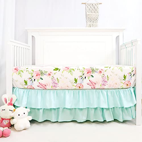CARUILI 4-Piece Crib Bedding Set, Baby Girl Crib Bedding Set Butterflies Floral Nursery Bedding Set Includes Comforter, Fitted Crib Sheet, Crib Skirt, and Diaper Stacker, Green & Pink