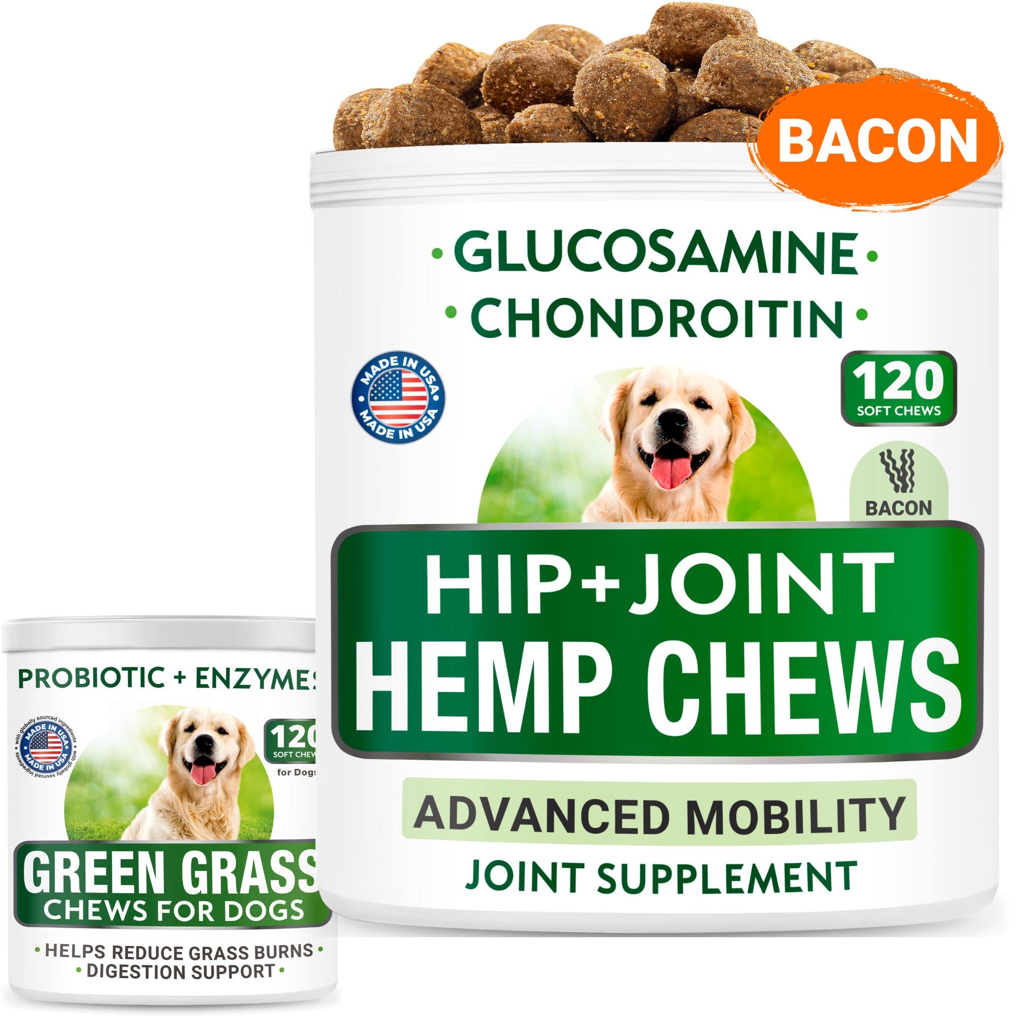 Hemp + Glucosamine + Grass Treatment for Dog Urine Bundle - Joint Pain Relief + Grass Restore - Hemp Oil, Chondroitin w/MSM, Omega 3 + Probiotics - Hip & Joint Supplement + Pee Lawn Repair - 240 Chews