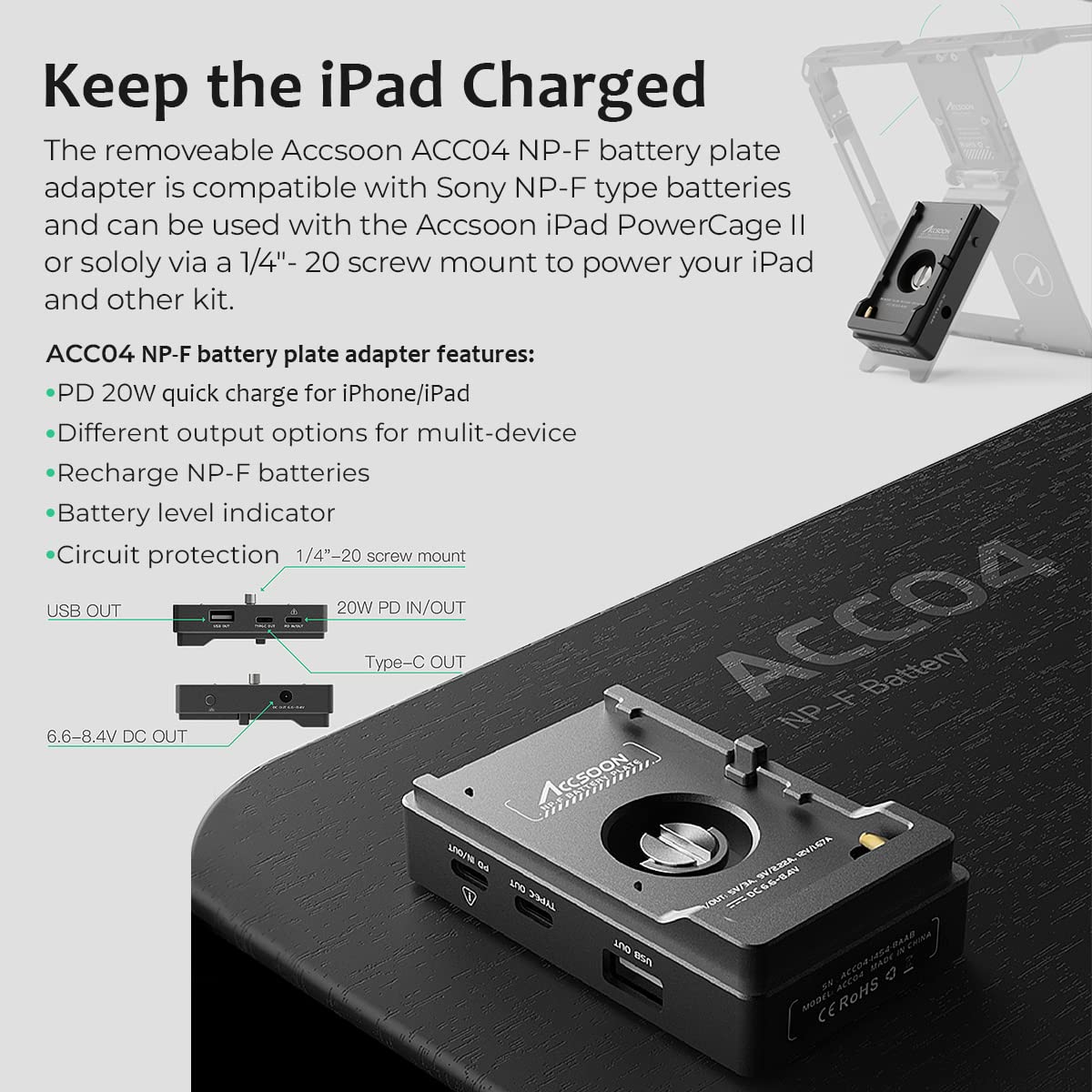 Accsoon Power Cage Pro Ⅱ for iPad, Compatible with IPad Pro - 12.9 inch (Gen 3, 4, 5, 6), W ACC04 NP-F Battery Plate Adapter
