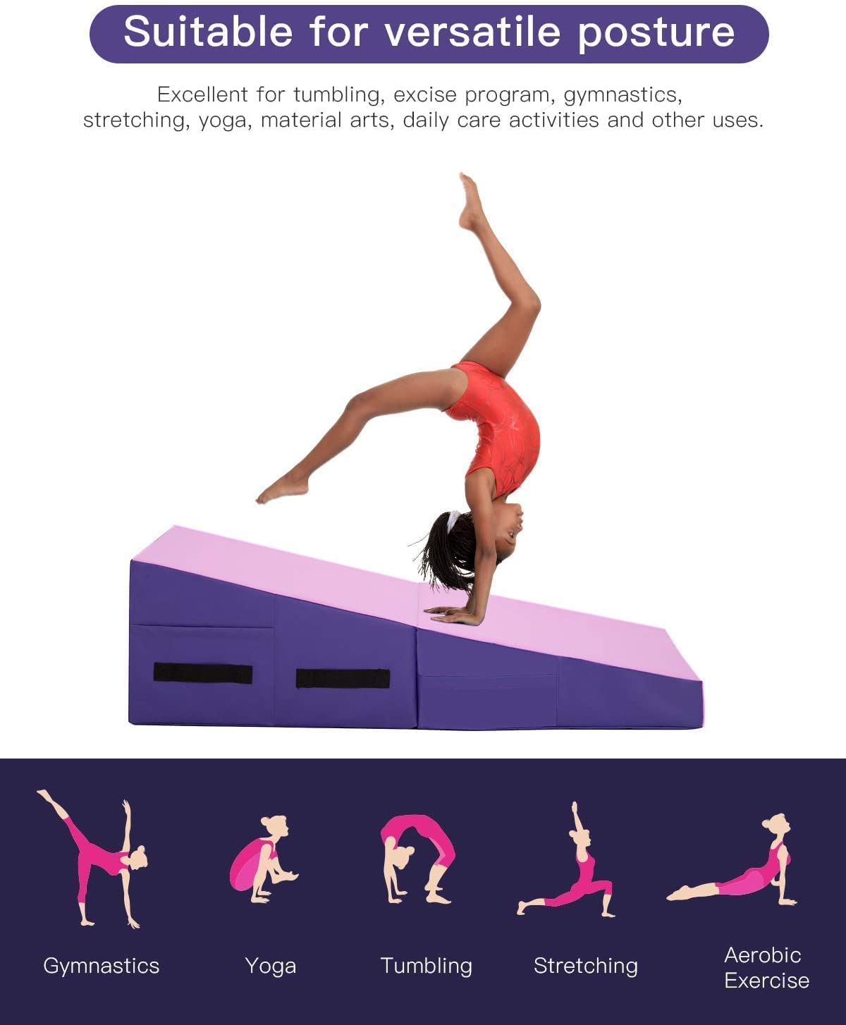 48x24 Inch Folding Gymnastic Tumbling Mat Gymnastics Mat Incline Mat Tumbling Mat, Indoor/Outdoor Exercise Mat Home Gym Yoga Mat with Handle,Pink