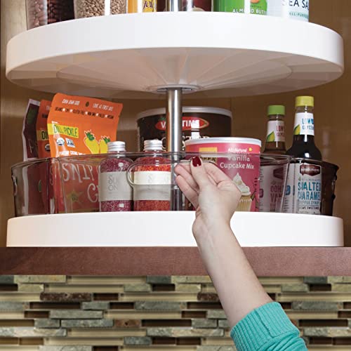 mDesign Plastic Lazy Susan Cabinet Storage Bin with Front Handle for Kitchen Countertop, Pantry, Shelf, Fridge Organization - Hold Food, Drinks, Snacks - Ligne Collection - Smoke Gray Tint