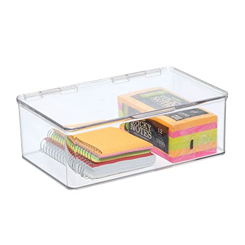 mDesign Plastic Household Storage Bin Box Organizer Container with Hinge Lid for Kitchen, Office, Bathroom, Bedroom, Hold Food, Snacks, Makeup, Toys, Work Supplies, Accessories - Clear