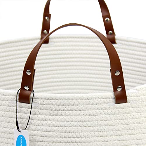 Casaphoria XXXLarge Cotton Rope Basket for Living Room - Woven Storage Basket with long Handle for Blankets, Towels and Pillows Laundry Hamper | Beige 20" x 20" x 13")