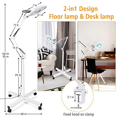 8X Dimmable Magnifying Floor Lamp with 4 Wheel Rolling Base for Estheticians - 2,200 Lumens LED Light with Glass, Lighted Magnifier with Swing Arm for Reading, Craft, Sewing, Hobbies White