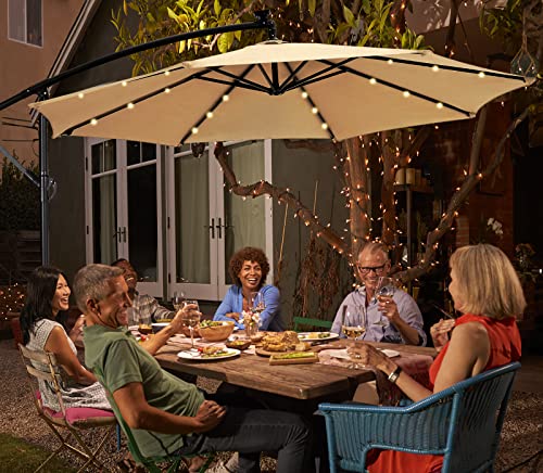 AECOJOY 10FT Patio Outdoor Umbrella with Solar Powered LED Hanging Offset Umbrella with Cross Base, 24 LED Lights for Backyard, Beige