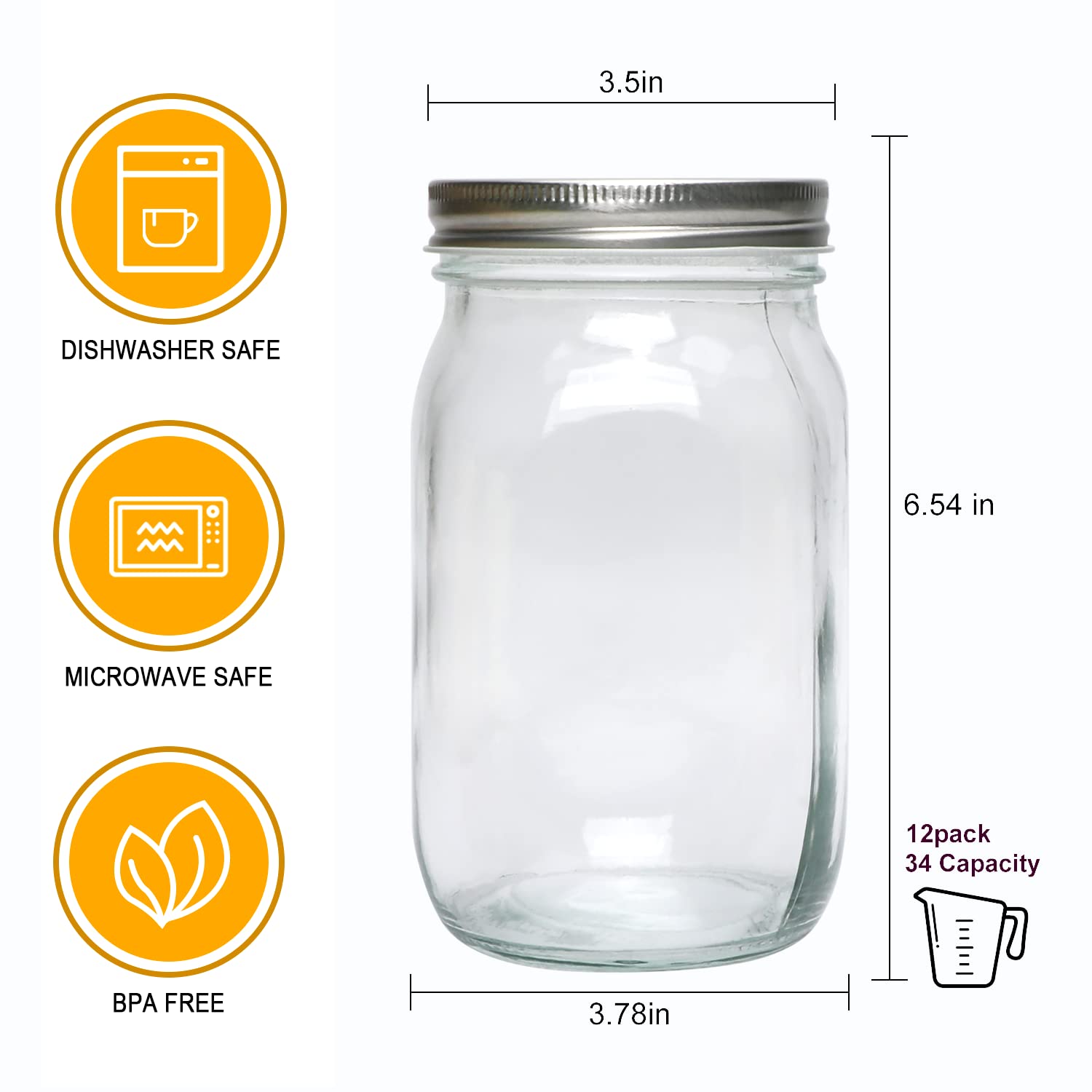 Accguan 33oz Glass Jars with Regular Lids, Mason Jar With Airtight Lids, Clear Glass Jar Ideal for Jam,Honey,Shower Favors,Wedding Favors, 12pack