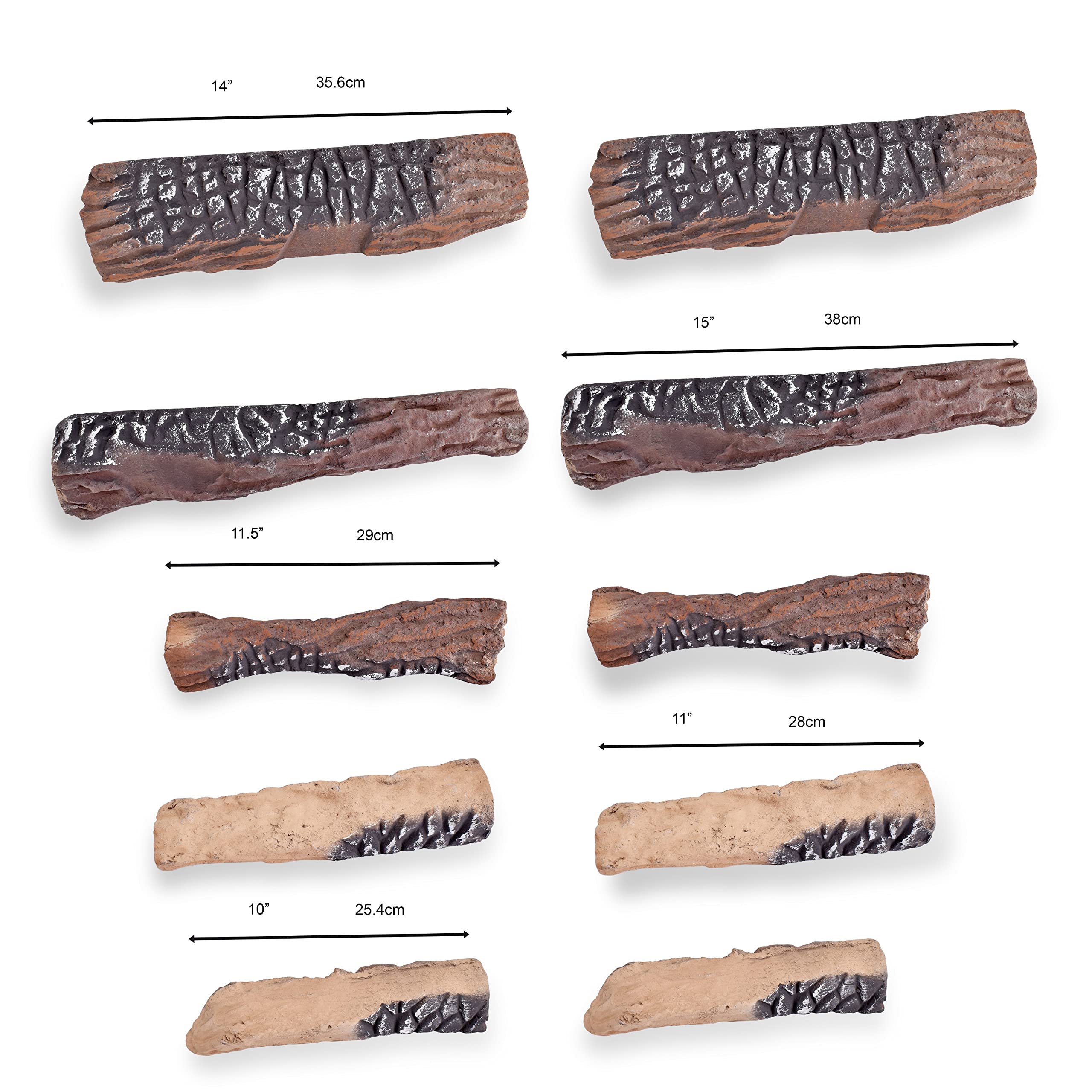 Chesio Ceramic Fire Log Set - 10 Piece Indoor Fireplace Logs - Complete with Rockwool Glowing Embers