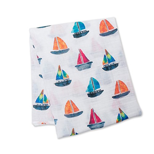 Lulujo Baby 100% Cotton Muslin Swaddle Blanket, 47 x 47-Inches, Sailboat