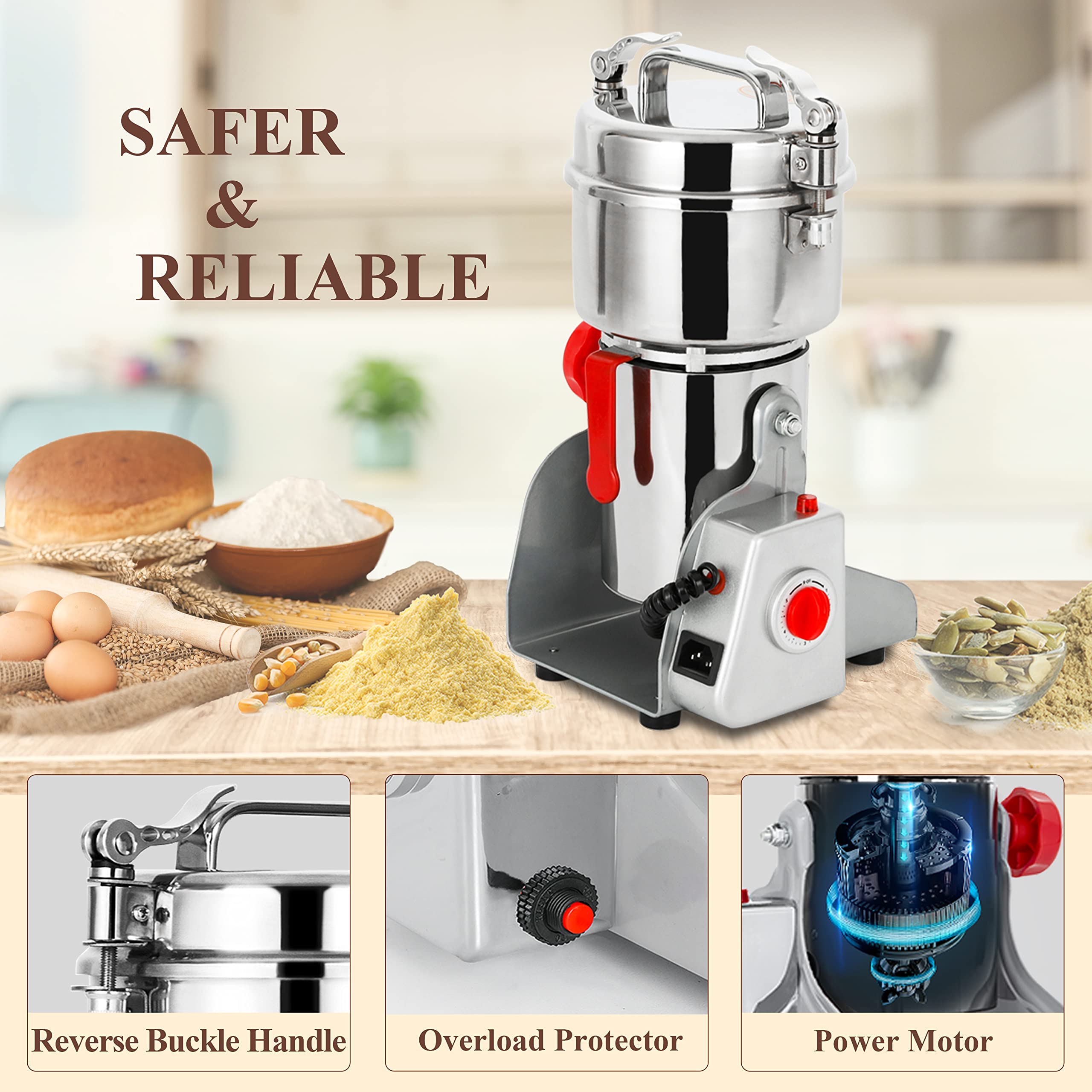 750g Electric Grain Dry Grinder Commercial Swing Type Dry Mill Machine, Stainless Steel 2600W High Speed Pulverizer for Coffee Spice Grindā¦