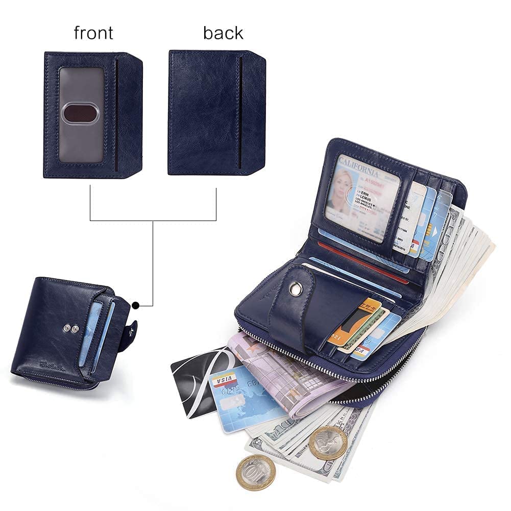BOSTANTEN Women's Leather Designer Handbags Tote Purses Shoulder Bucket Bag Navy Blue Bundle with Leather Wallets for Women RFID Blocking Zipper Pocket Small Bifold Wallet Card Case