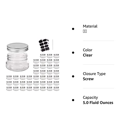 Accguan Mini Mason Jars,glass jar 5OZ With Lids(Silver,Ideal for Jam,Honey,Wedding Favors,Shower Favors,40 PACK