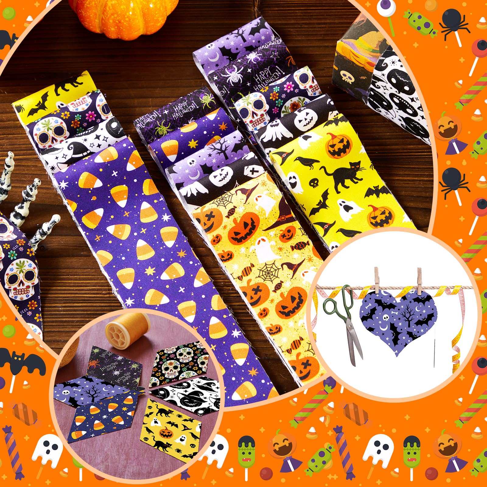 40 Pcs Halloween Cotton Jelly Fabric Roll 40 x 2.6 Inch Quilting Ghost Pumpkin Skull Candy Spider Bat Pre Cut Sewing Fabric Strips Jelly Fabric Roll for Halloween DIY Patchwork Decorations Supplies