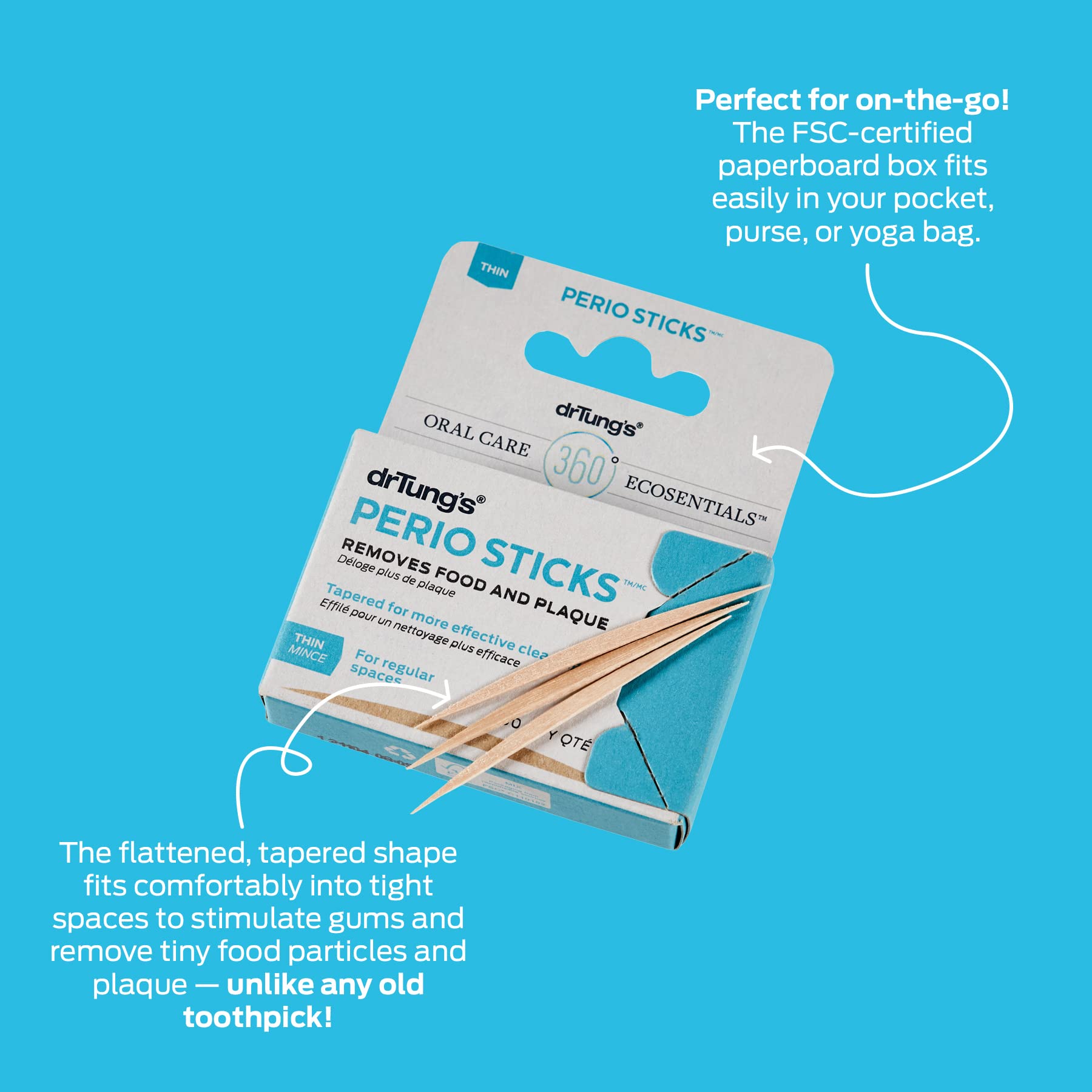 DrTung's Double-Sided Perio Sticks - Dental Sticks for Humans, Dental Floss Picks, Plaque Remover for Teeth, Dental Toothpicks, Dental Picks for Teeth Cleaning - Thin, 100 Count (Pack of 6)