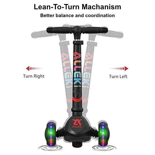 Allek Kick Scooter Foldable F02, 3-Wheel LED Flashing Glider and 4 Adjustable Height with Anti-Slip Thick Deck Push Scooter for Children 3-12yrs (Black)