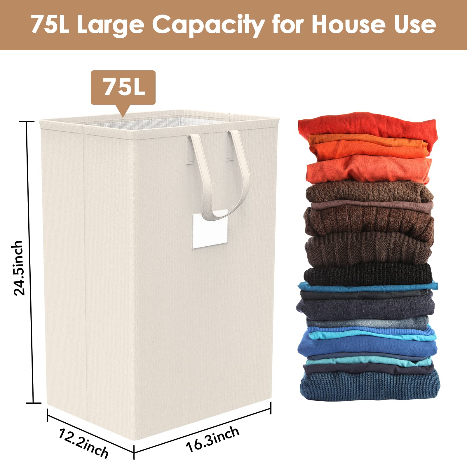 75L Large Laundry Hamper with Handles, Dirty Clothes Hamper for Bedroom Waterproof, Freestanding Tall Laundry Basket Waterproof, Hamper for Bedroom, Bathroom, Dorm, Toys Storage(Ivory)