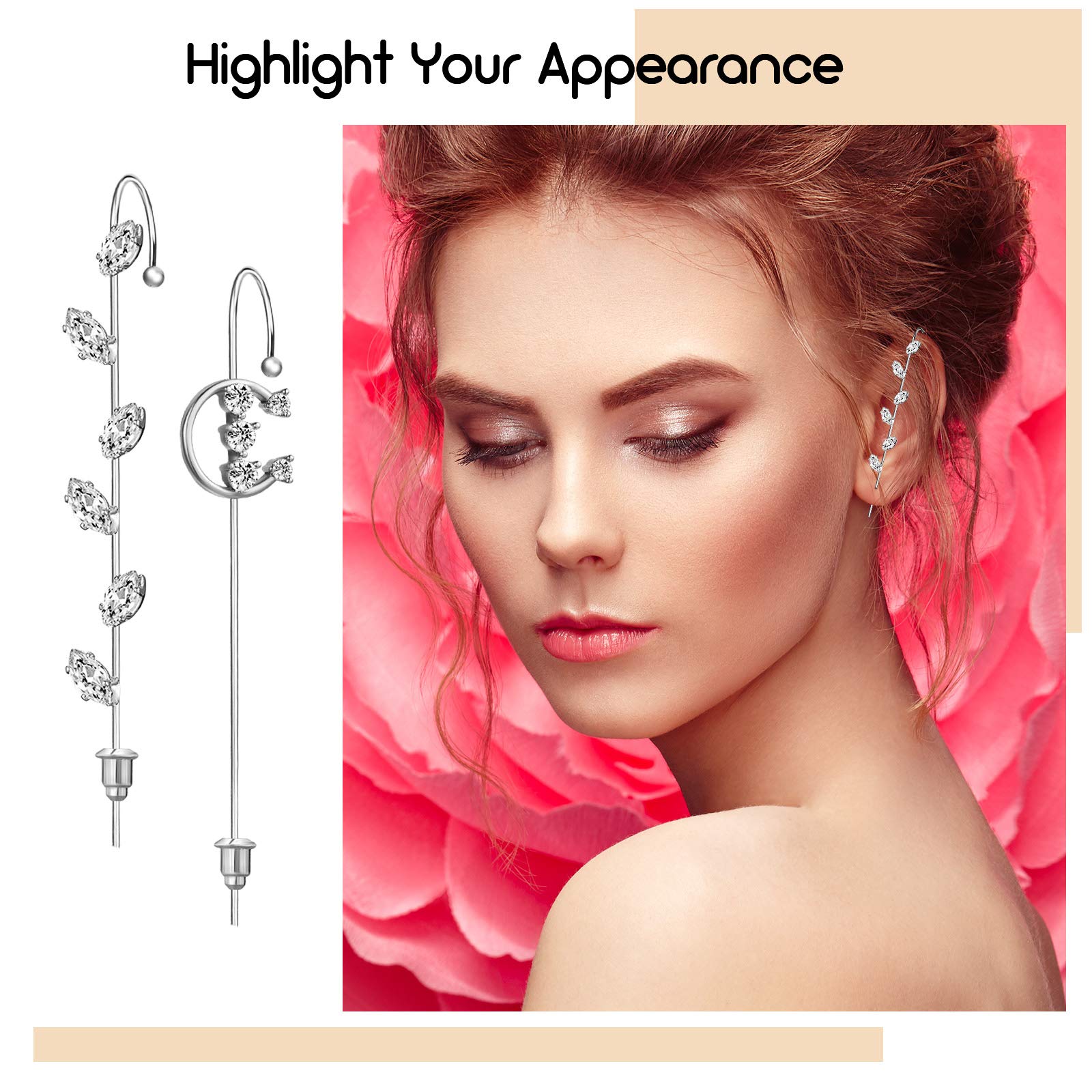 8 Pair Ear Cuff Earrings Crawler Hook Earrings for Women Assorted Rhinestone Wrap Earrings for Women