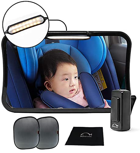 Moyu Home Baby Car Mirror, Infant Rear Facing Car Seat Mirror with Light,Child Shatterproof Observation Mirror,Crystal Clear View with 360° Pivot, Black