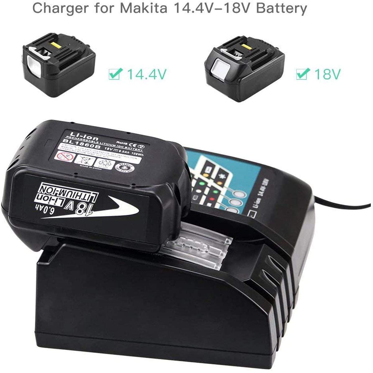 6.0Ah BL1860B 18 Volt Replacement Battery and DC18RC Charger Compatible with Makita 18V Battery Lithium ion BL1815 BL1820 BL1830 BL1840 BL1850 BL1850B BL1860 LXT-400 Cordless Power Tools (Black)