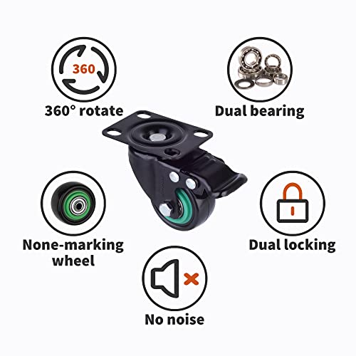 Caster Wheels 2 inch Heavy Duty with Brake,Swivel Plate(2.76 * 1.97 inch) Casters Set of 4 Total Load Capacity 616 lbs,No Floor Marks,Silent Polyurethane (PU) for Dolly Furniture Wheels
