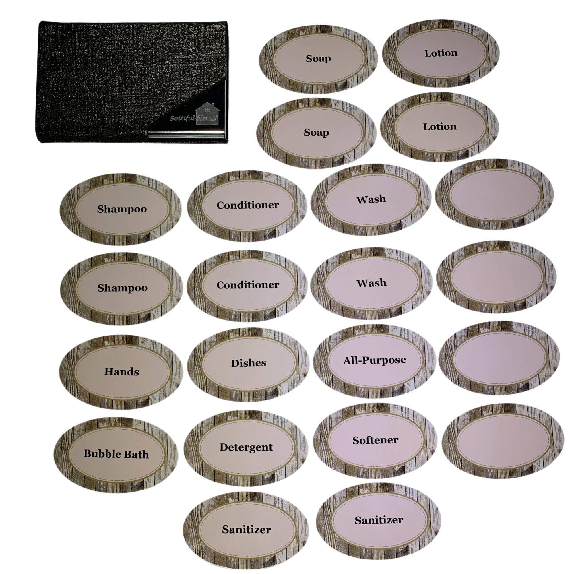 Bottiful Home - 22 Pack Oval Waterproof Permanent Labels for Refillable Shampoo, Conditioner, Soap, Lotion and Household Product Bottles (1.5"x2.5") (Woodgrain)