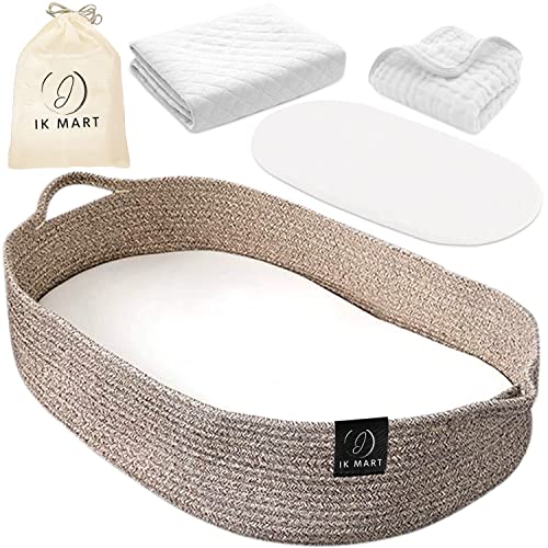IK MART β Baby Changing Basket β 100% Cotton Rope Diaper Basket - Changing Pad, Portable and Waterproof - with Extra Pad and Burp Cloth - Lighter in Weight - Boho Nursery Decor