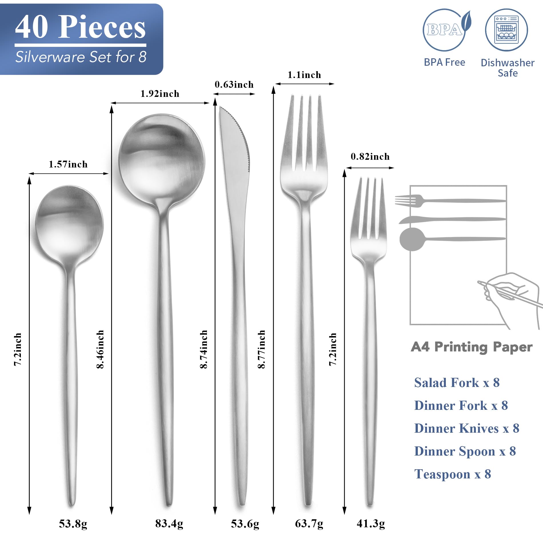 40 Piece Silverware Set Service for 8, EIUBUIE Premium Stainless Steel Cutlery Set, Matte Finish Unique Flatware Sets, Modern Kitchen Tableware Eating Utensil Sets Include Spoons Forks Knives