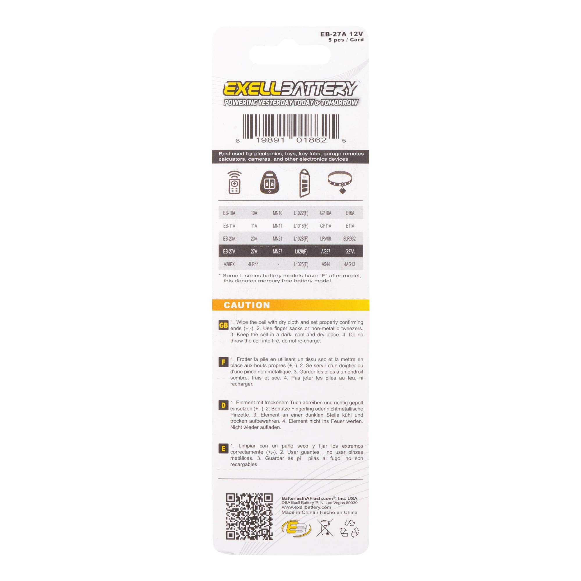 Exell EB-27A Alkaline Battery for Key Fobs, Burglar Alarm Remotes, Garage Door Openers, and More (12 Volts, 18 Milliamp Hours) (5-Pack)