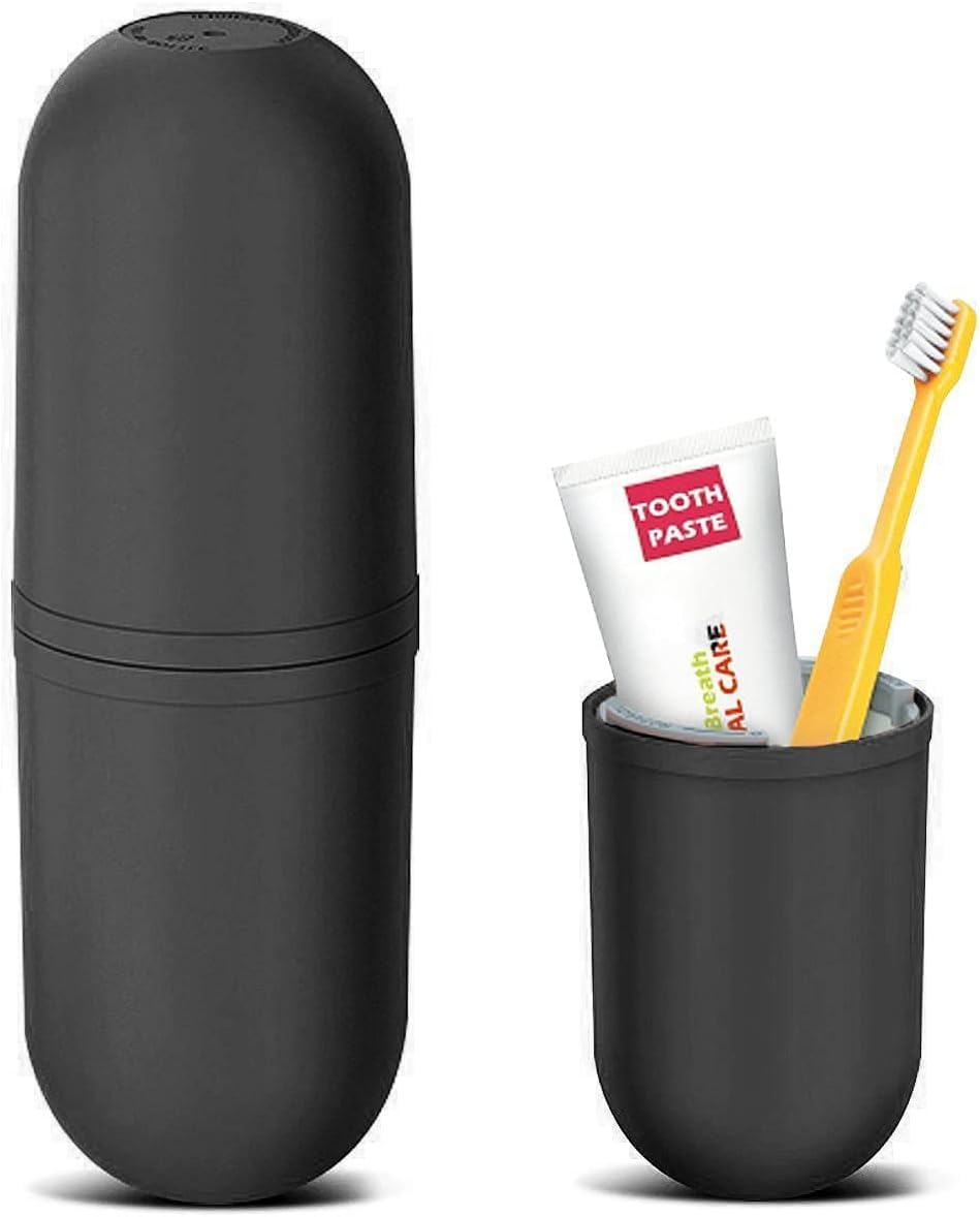N/W Toothbrush Case Portable Travel Capsule Toothbrush Cup Holder Creative Four in One Plastic Toothbrushes Organizer High-capacity for Trips Home Business Use, Black