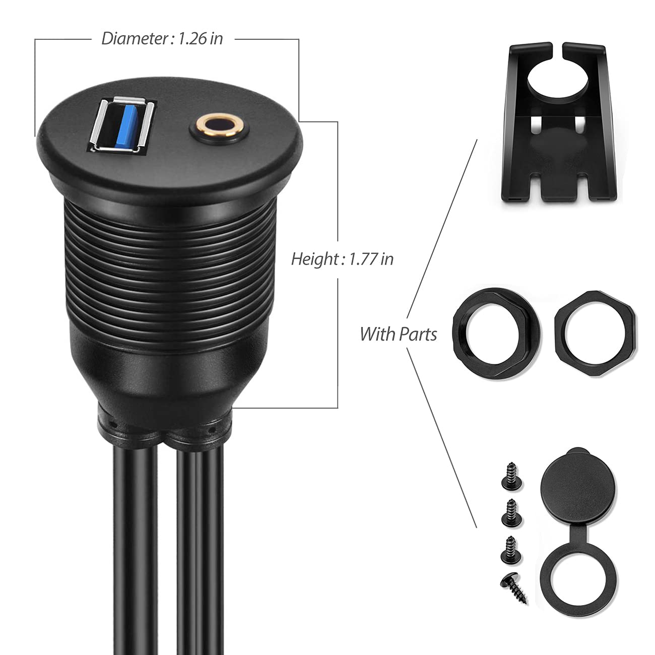 URWOOW Flush Mount Cable Kit 3 ft USB 3.0 Male to Female and 2 RCA Male to 3.5mm Female AUX Extension Cable Dashboard Panel Dash Mount Port 3 feet