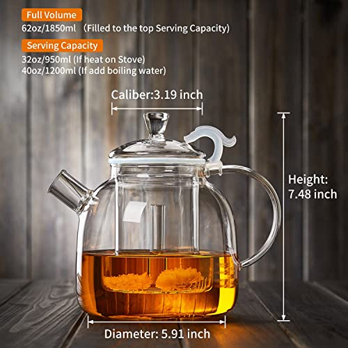 DOPUDO GRANDEUR Glass Teapot, 1850ml/ 62oz Glass Kettle with Removable Infuser, Borosilicate Glass Tea Pot for Stovetop, Loose Leaf and Blooming Tea Maker