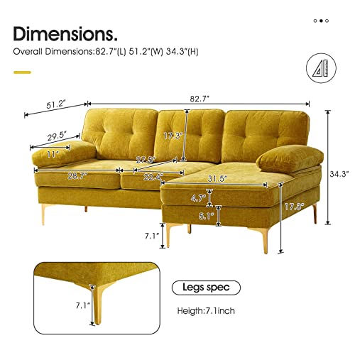 ASHOMELI Sectional Sofa Couch with Chaise,Modern Linen Fabric L-Shaped Couch 3-Seat Sofa Sectional,Suitable for Living Room, Apartment, Small Space