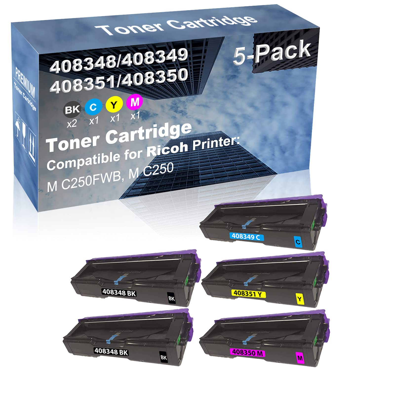 5-Pack (2BK+C+Y+M) Compatible M C250FWB, M C250 Printer Toner Cartridge High Capacity Replacement for Ricoh 408348+ 408349+ 408351+ 408350 Toner Cartridge