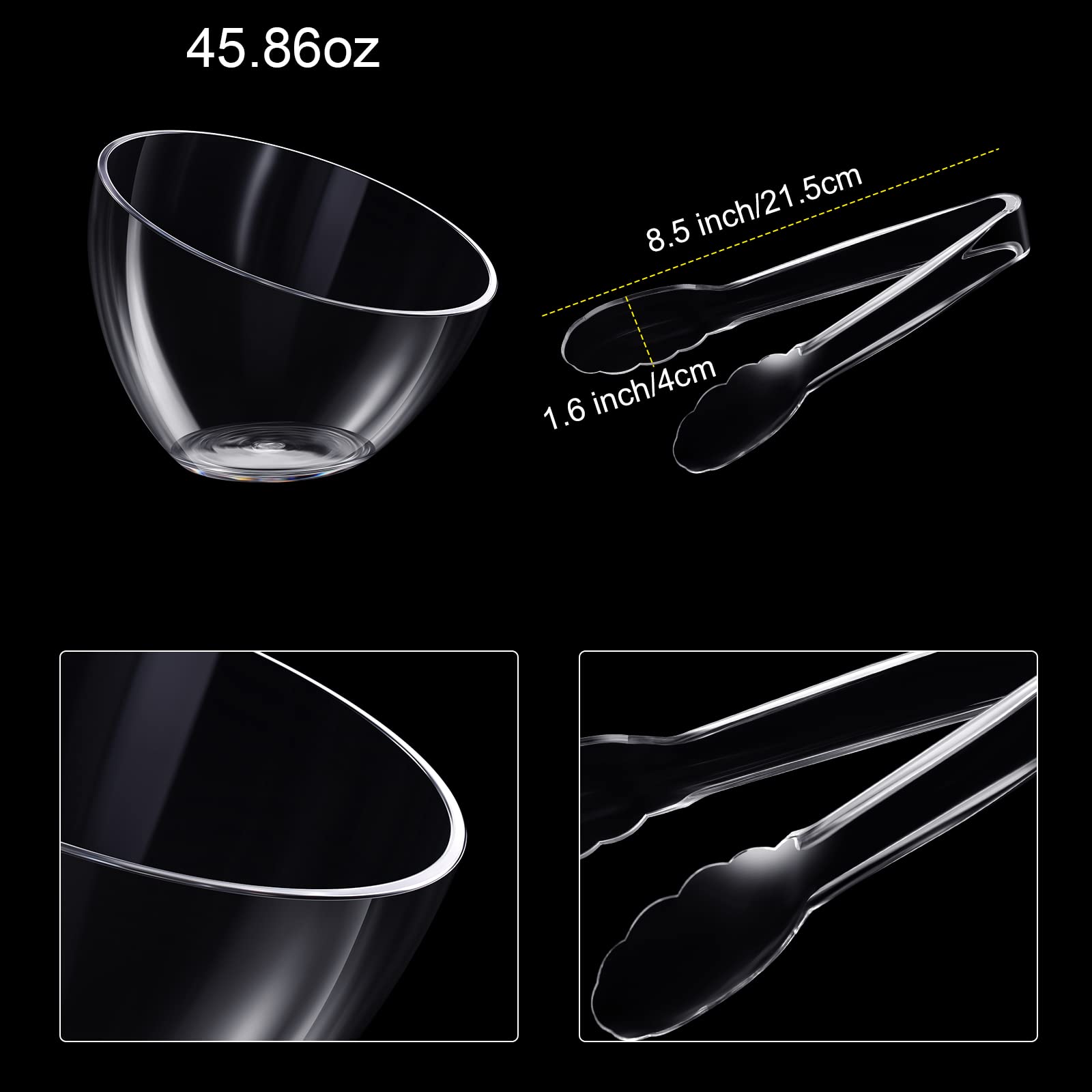 8 Pcs Acrylic Bowls Angled Plastic Bowls with Tongs Clear Salad Serving Bowls Thick Acrylic Serving Bowls for Parties Snack Candy Bowls Buffet Containers for Pasta, Chips, Fruit, Prep