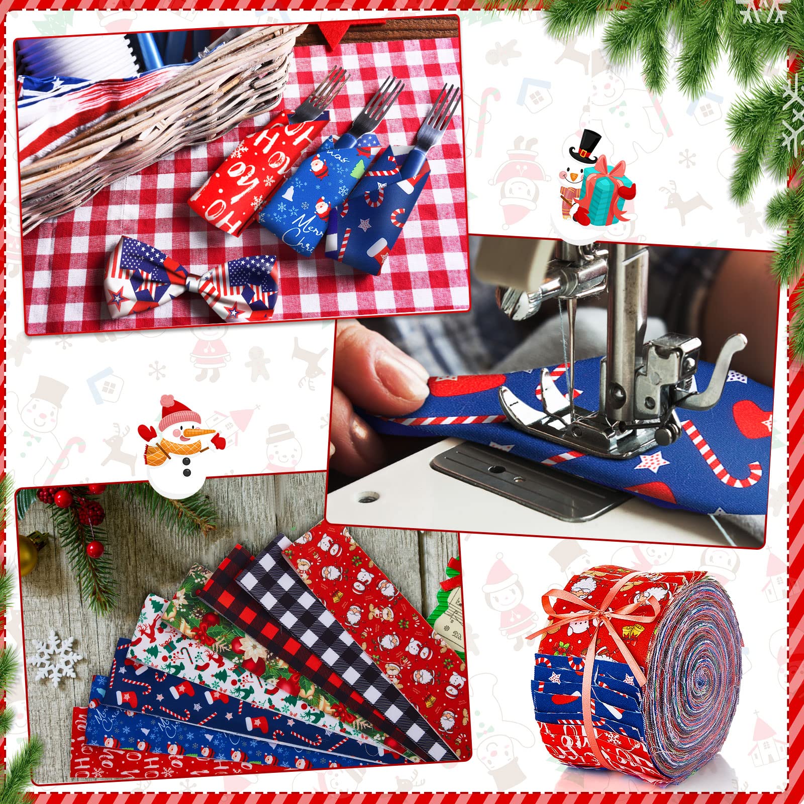 40 Pieces Christmas Jelly Fabric 2.6 x 40" Christmas Tree Santa Pattern Precut Fabric Quilting Strips Roll up Patchwork Cotton Fabric for Xmas DIY Sewing Handmade, 8 Styles