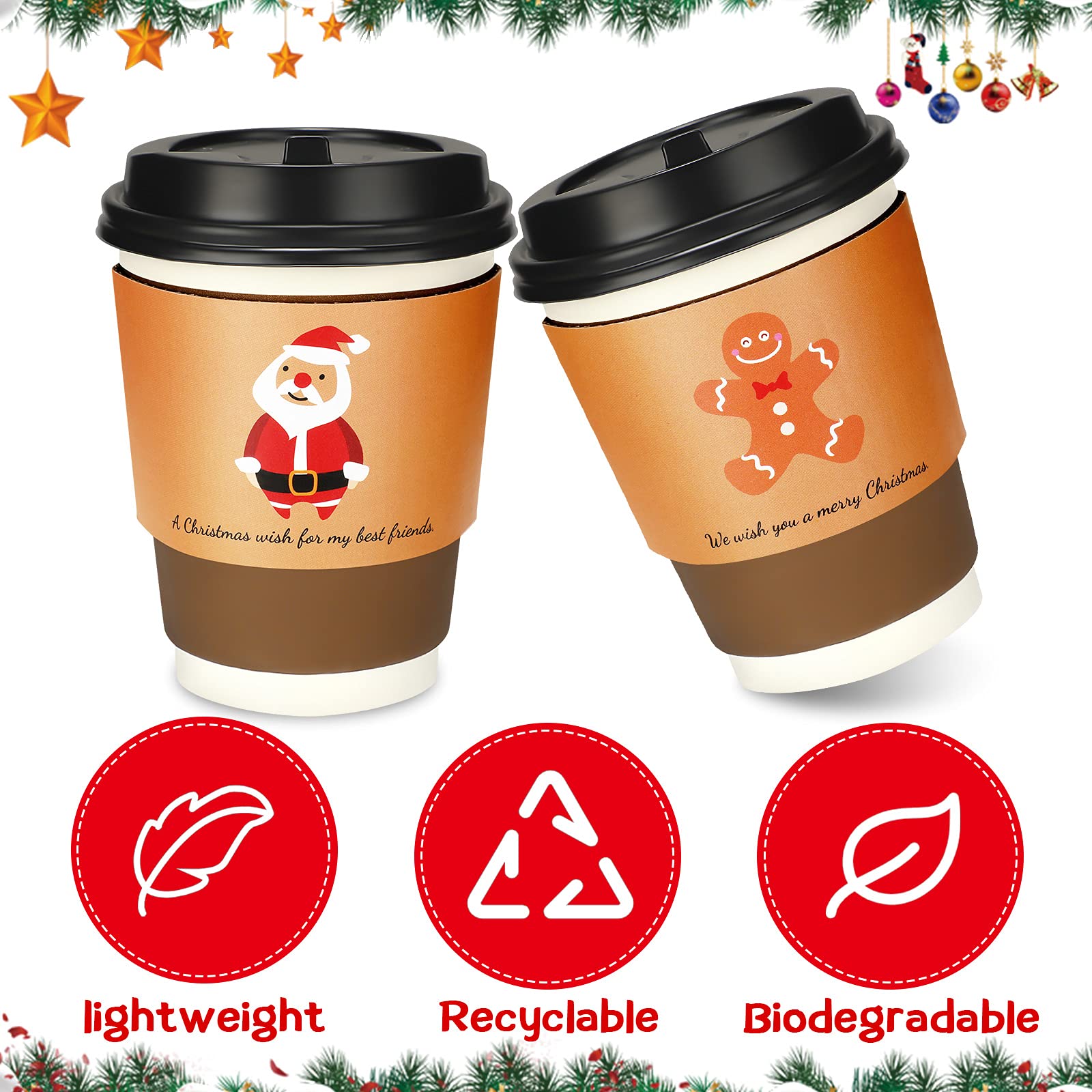 40 Pieces Christmas Coffee Cup Tea Cup Sleeves Christmas Kraft Disposable Cup Sleeves 5 Designs for Corrugated Cup Paper Jacket for Hot Chocolate Cocoa Cold Beverage