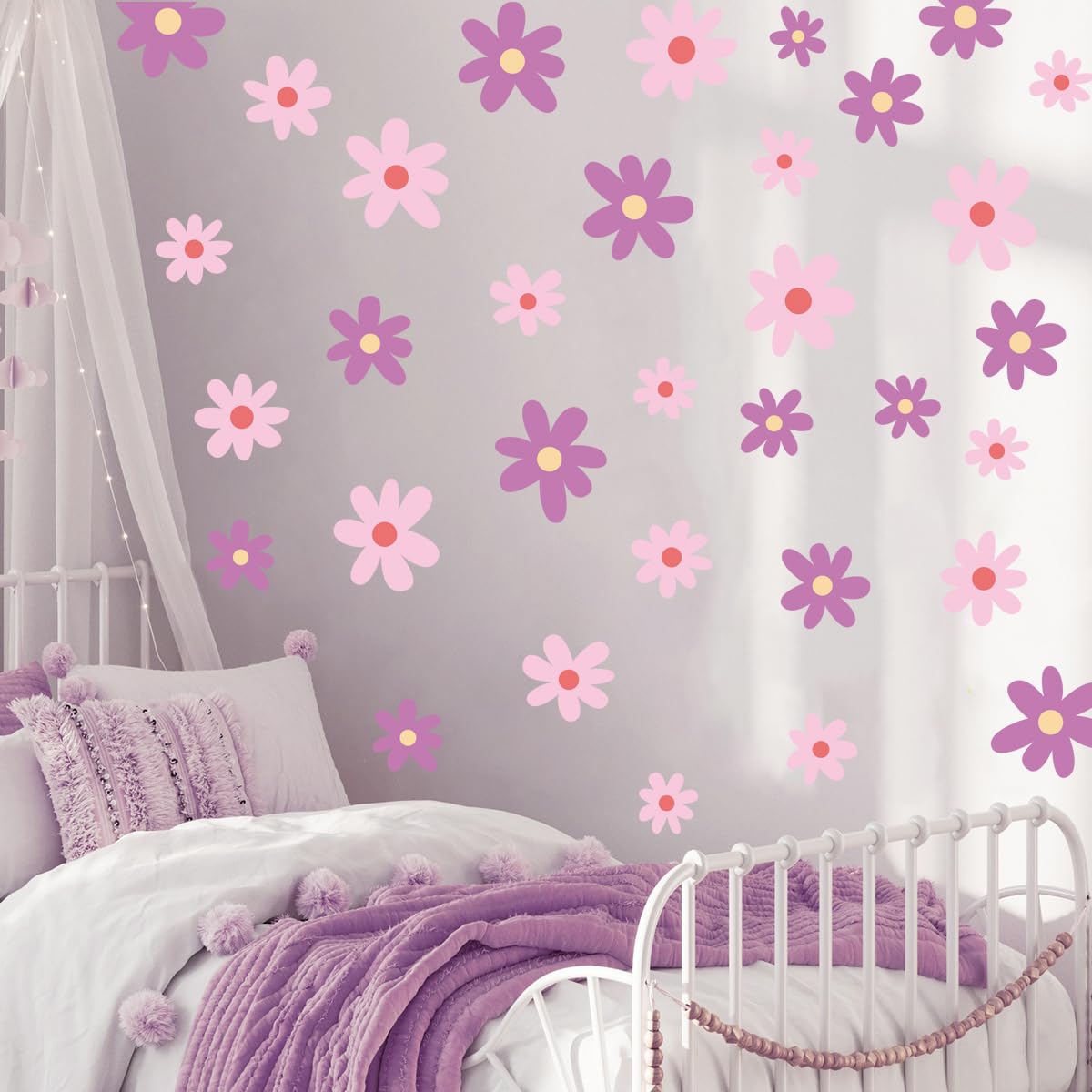 Runtoo Pink Purple Daisy Flower Wall Art Stickers Boho Floral Wall Decals for Nursery Living Room Girls Bedroom Wall Decor