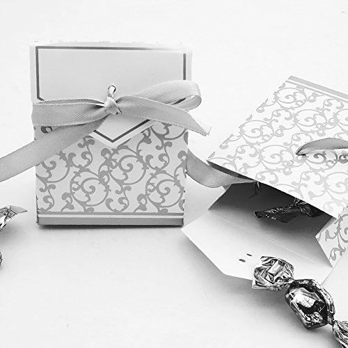 JOHOUSE 50pcs Mini Wedding Favor Box, Small Gift Boxes Candy Boxes with Gift Ribbons for Wedding Party Bridal Shower Favor Party Decoration, Silver