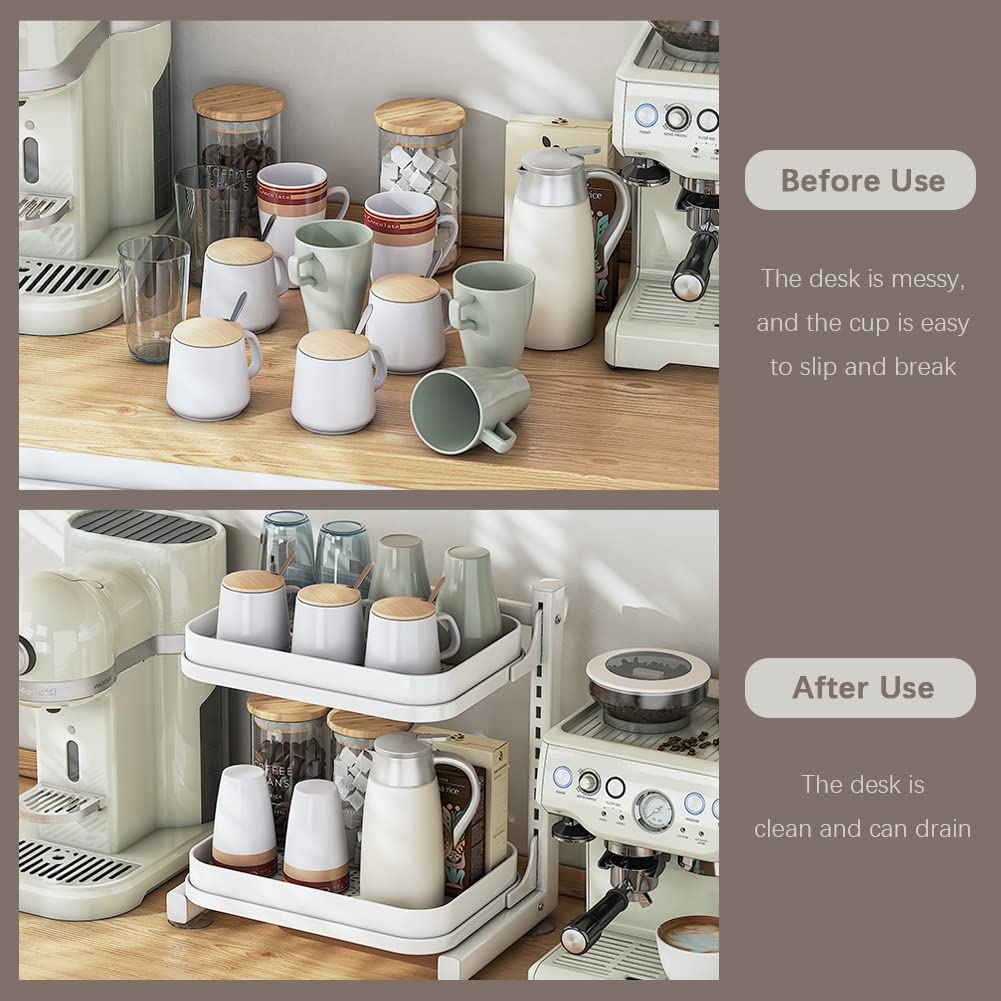 A.B Crew Adjustable 2-Tier Cups Mugs Drying Rack with Drain Tray Cups and Mugs Storage Organizer Coffee Cup Storage Shelf for Kitchen Countertop Decoration White