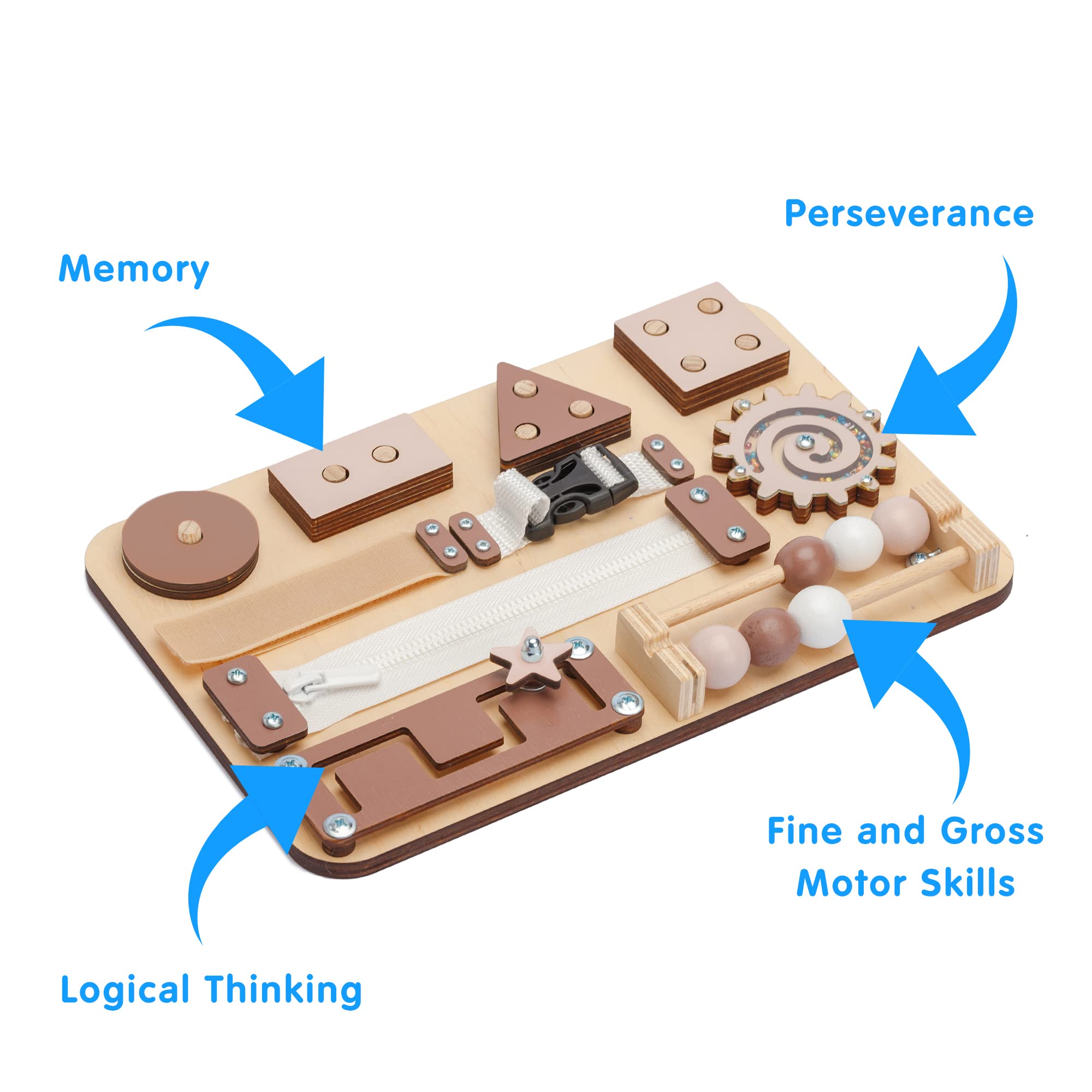 EvoKids Wooden Sorting Stacking Toy Busy Board for Toddlers 3 โ Zipper, Buckle in Handmade Activity Board โ Plane Car Travel Sensory Montessori Developmental Educational Toys for Boy Girl