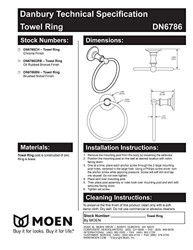 Moen DN6786ORB Danbury Collection European Single Post Bathroom Hand -Towel Ring, Oil-Rubbed Bronze