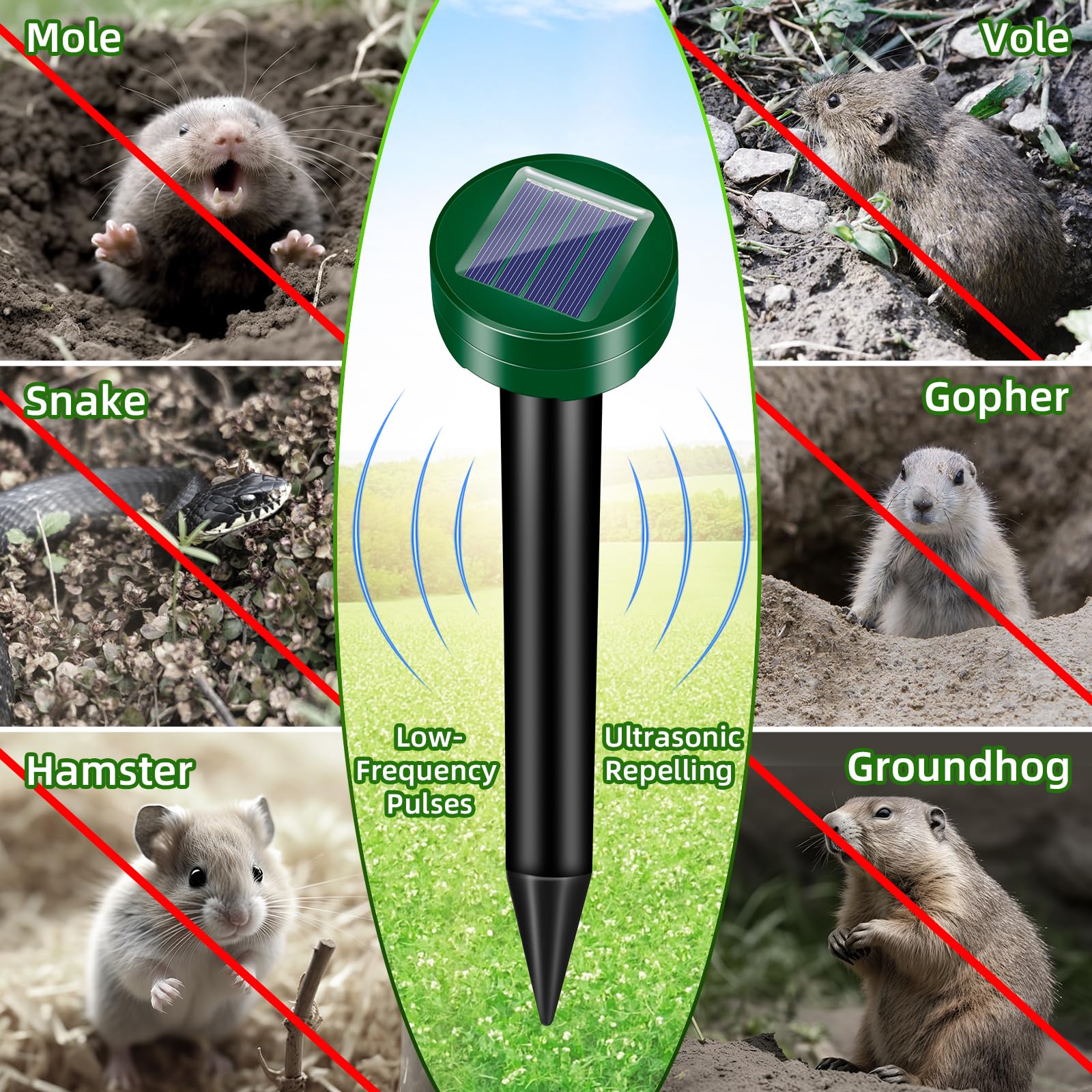 8 Pack Solar Mole Repellent Stakes 2024 Ultrasonic Animal Repellent Outdoor Solar Powered Waterproof Sonic Burrowing Mole Deterrent Spike for Mole Vole Groundhog Gopher Armadillo Snake for Yard Lawn