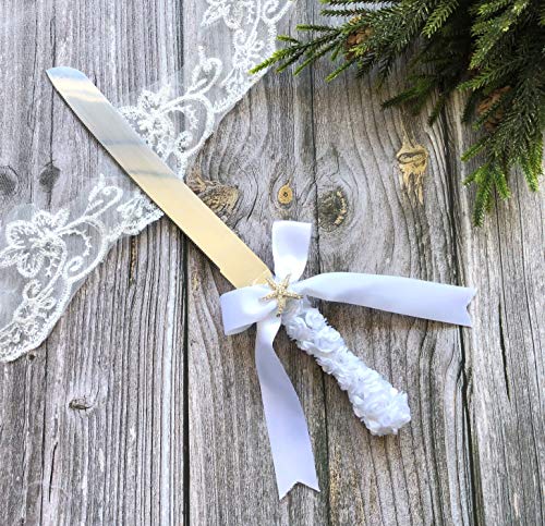 Abbie Home Wedding Cake Knife and Server Set - Flower Wrapped Handle with Silk Bow and Rhinestone Jewelry Décor (Starfish)