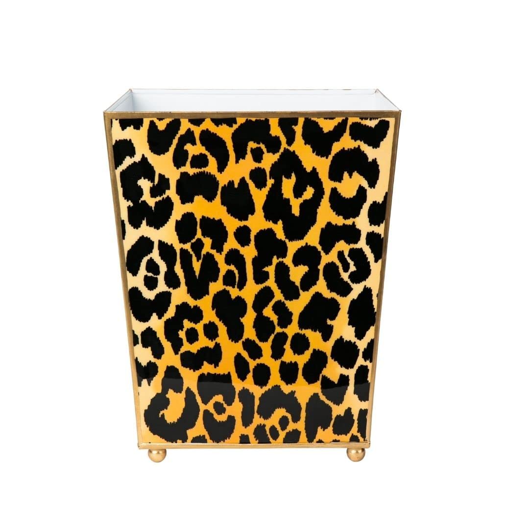 Jaye's Studio Square Wastebasket & Garbage Bin, Leopard Spots Theme, Gold Trim & Finish, Gold Round Feet, Enameled, Trash Bin for Bedroom, Office, Handcrafted Metal, Brown with Black Spots, 9", 9",12"