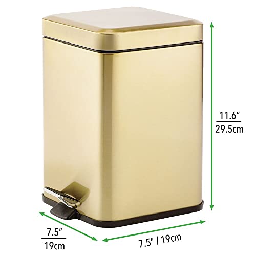 mDesign Slim Metal Square 1.5 Gallon Trash Can with Step Pedal, Easy-Close Lid, Removable Liner - Narrow Wastebasket Garbage Container Bin for Bathroom, Bedroom, Kitchen, Office - Soft Brass