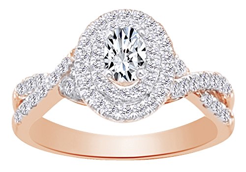 AFFY 0.62 CT White Natural Diamond Oval Shape Twist Shank Double Halo Engagement Wedding Ring In 14k Rose Gold With Ring Size 11.5
